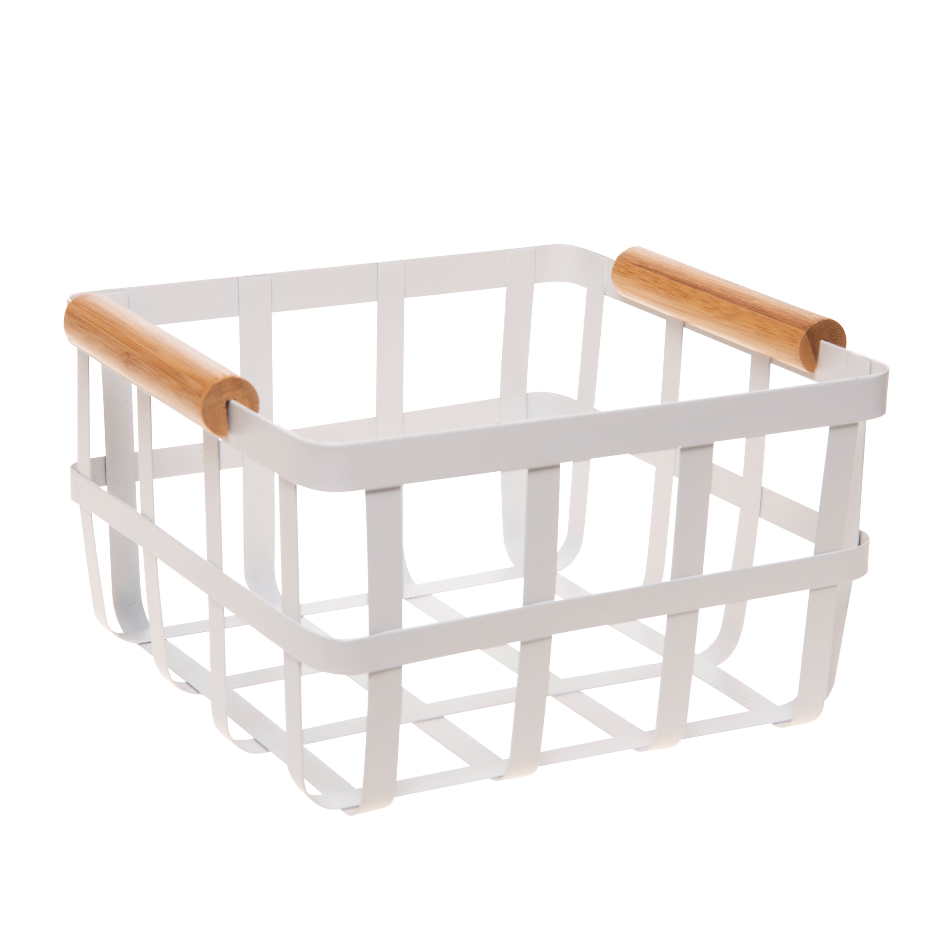 Simplify Square Metal Storage Basket with Bamboo Handles in White ...