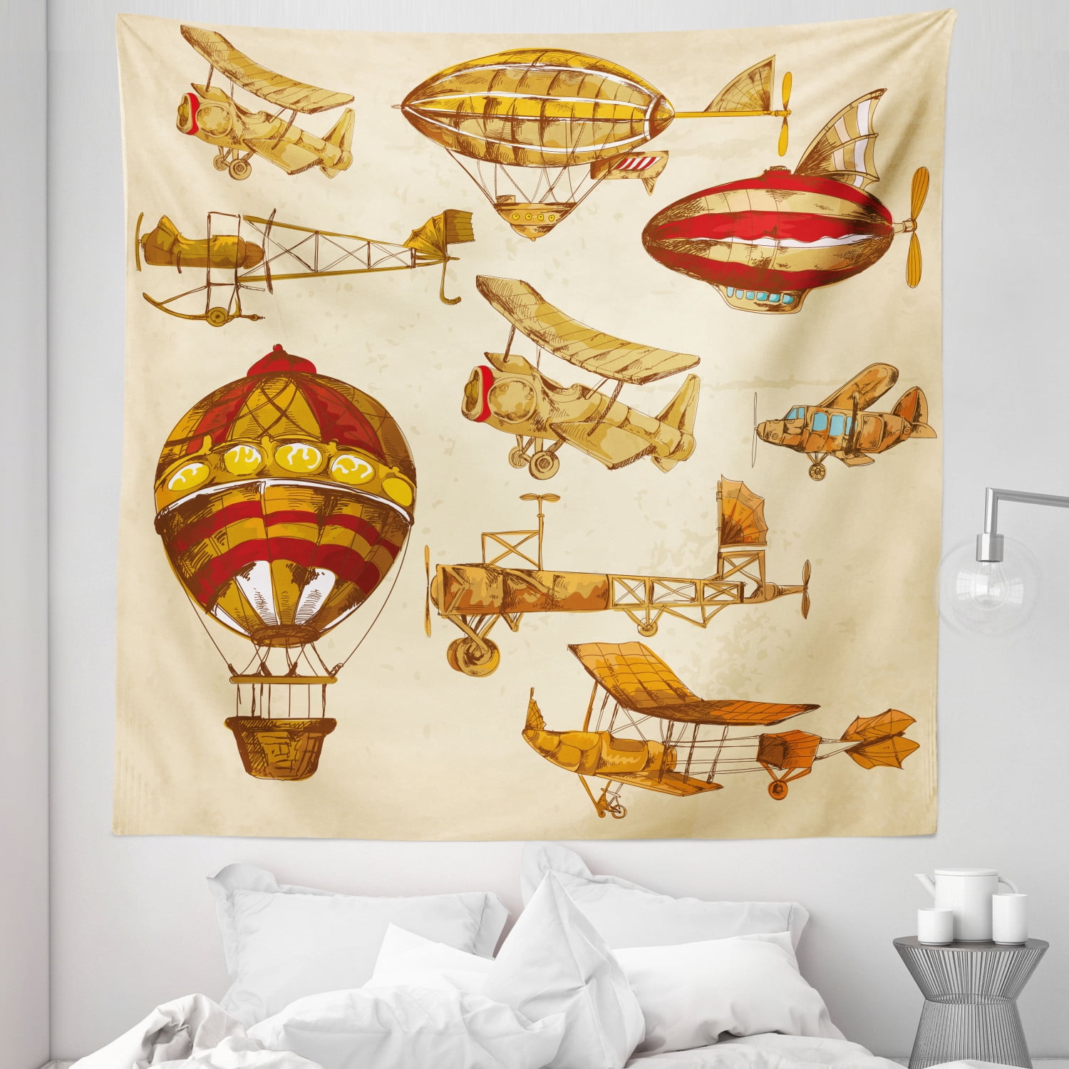 Aviation Tapestry, Vintage Old Flying Objects Hot Baloons Planes ...