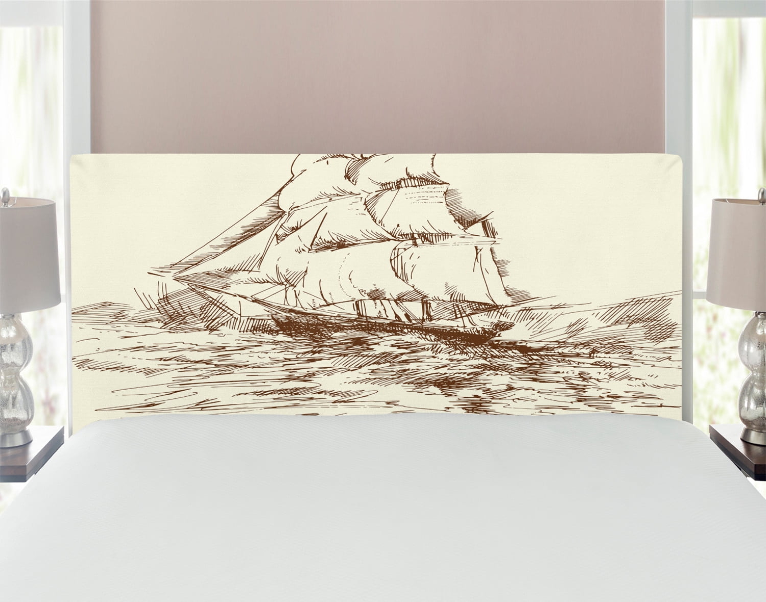 Nautical Headboard, Hand Drawn Sailboat Struggling in Ocean Wave ...