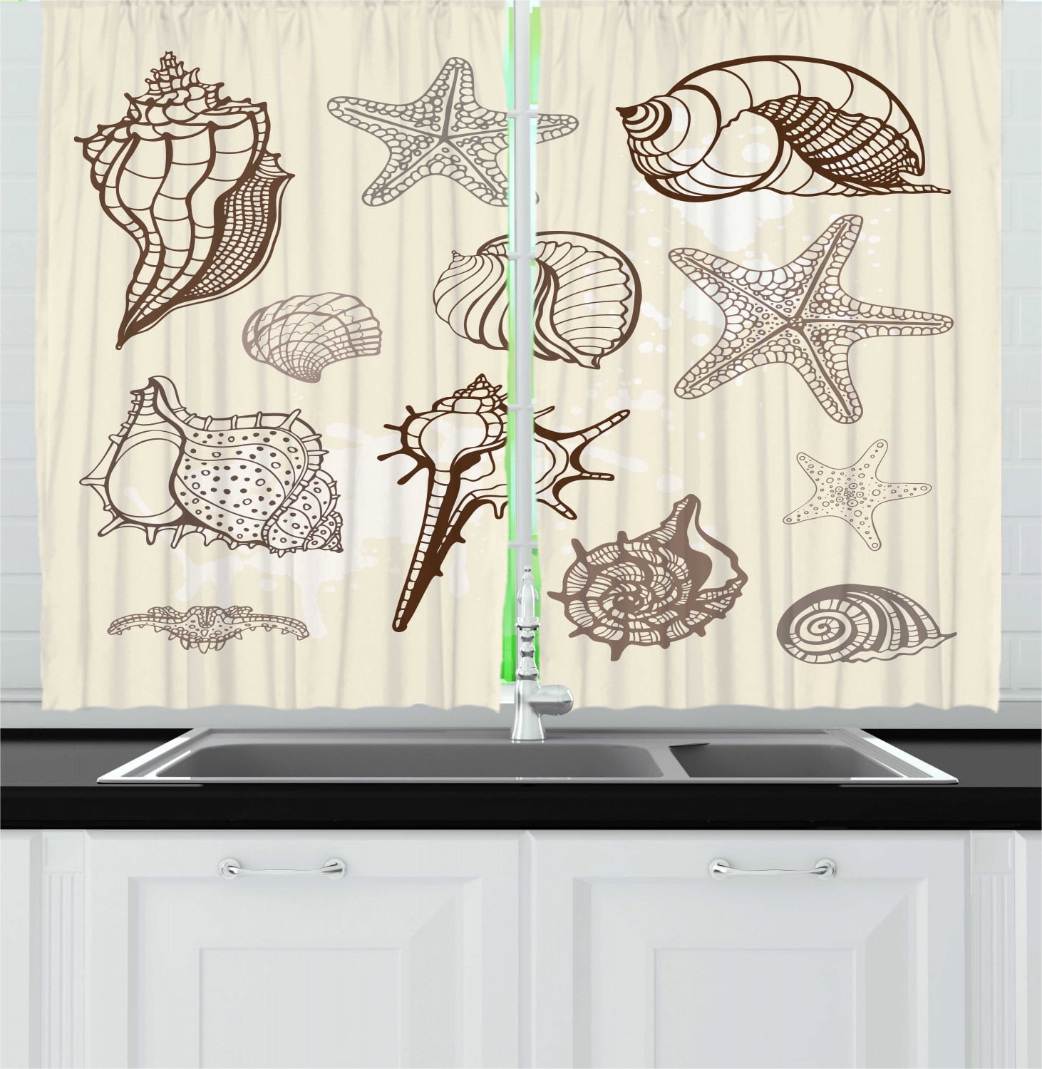 Shell Curtains 2 Panels Set, Grunge Designed Outline Starfish and ...
