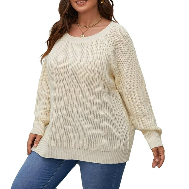 Casual Plain Round Neck Pullovers Long Sleeve Apricot Plus Size