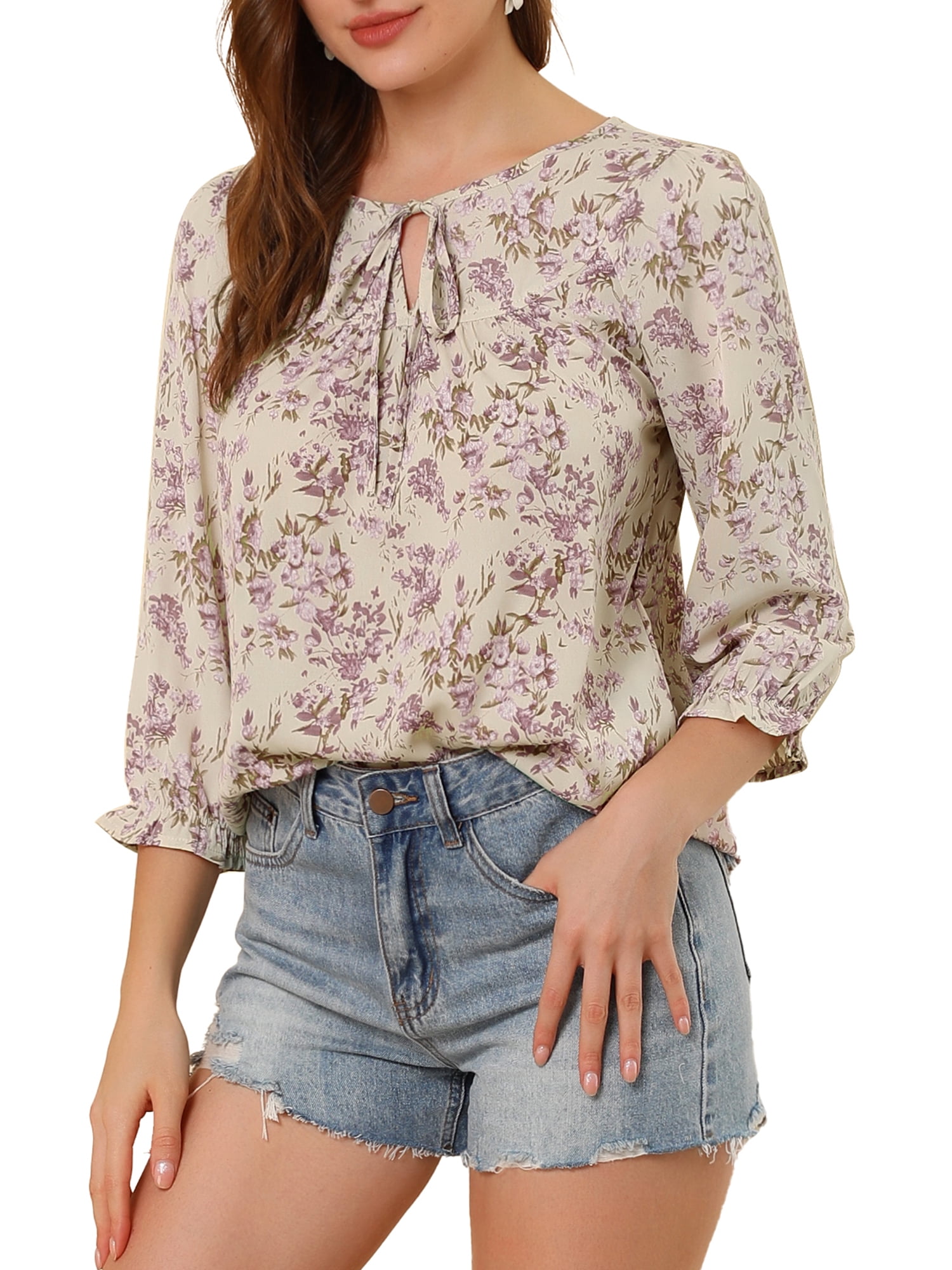 Allegra K Womens Tie V Neck Boho Ruffled 3 4 Sleeve Floral Blouse