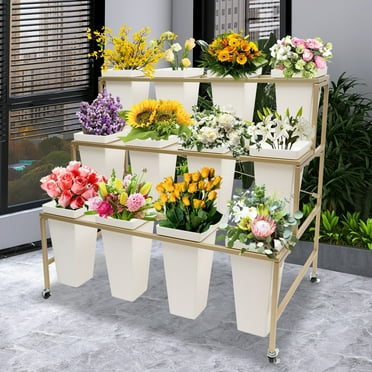 3 Layers Gold Flower Plant Display Stand with Wheels 12pcs Plastic ...