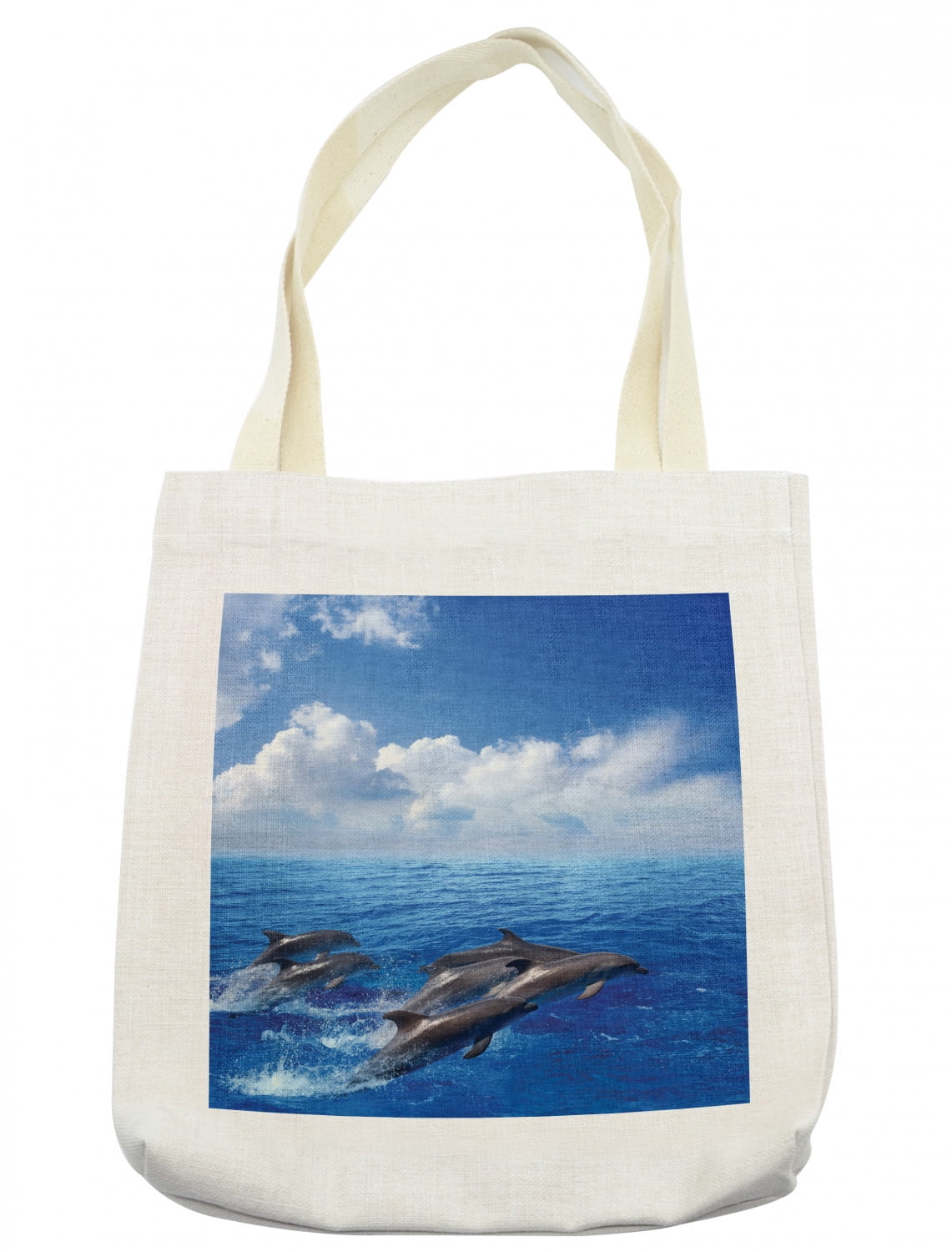 Sea Animals Tote Bag, Dolphins Jumping in Clear Sea and Fluffy Clouds ...