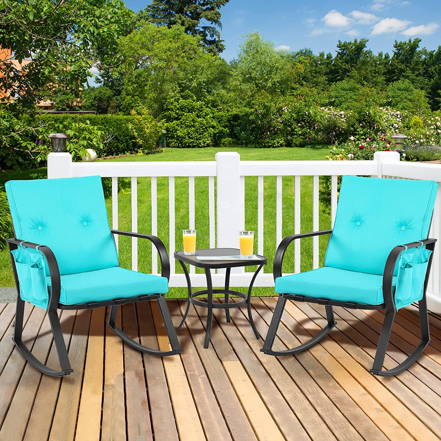 Dextrus 3-Piece Patio Iron Rocking Chair Outdoor Conversation Bistro ...