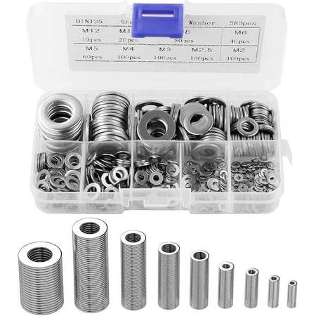 FanShow 580 Pcs Stainless Steel Flat Washers With Plastic Box, 9 ...