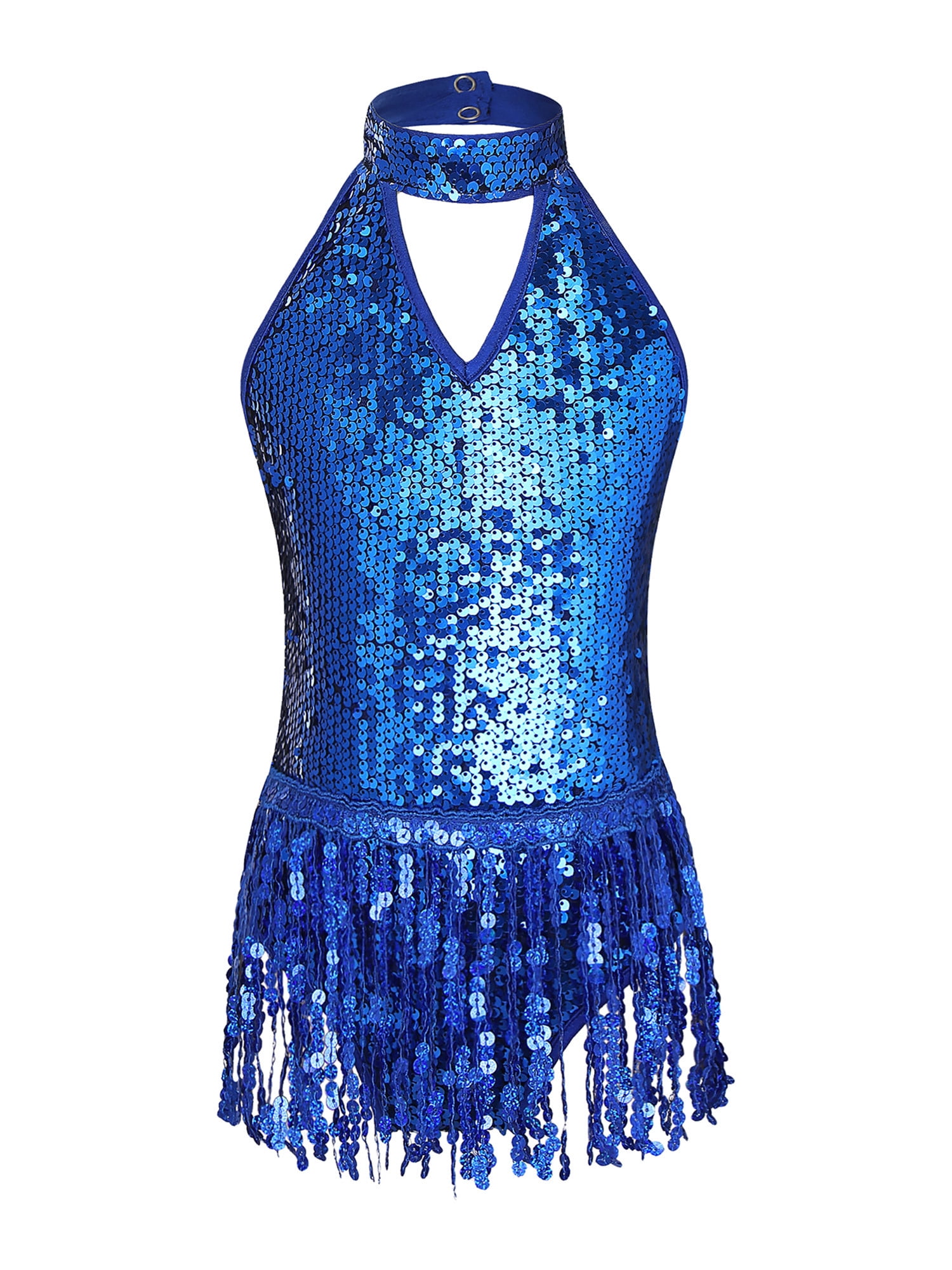 Yizyif Girls Shiny Sequins Latin Dance Dress Costume Tassel Hem