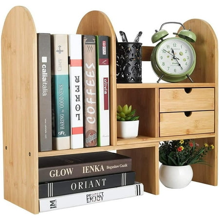 Bamboo Desktop Bookshelf,Expandable and Adjustable Bookcase with 2 ...