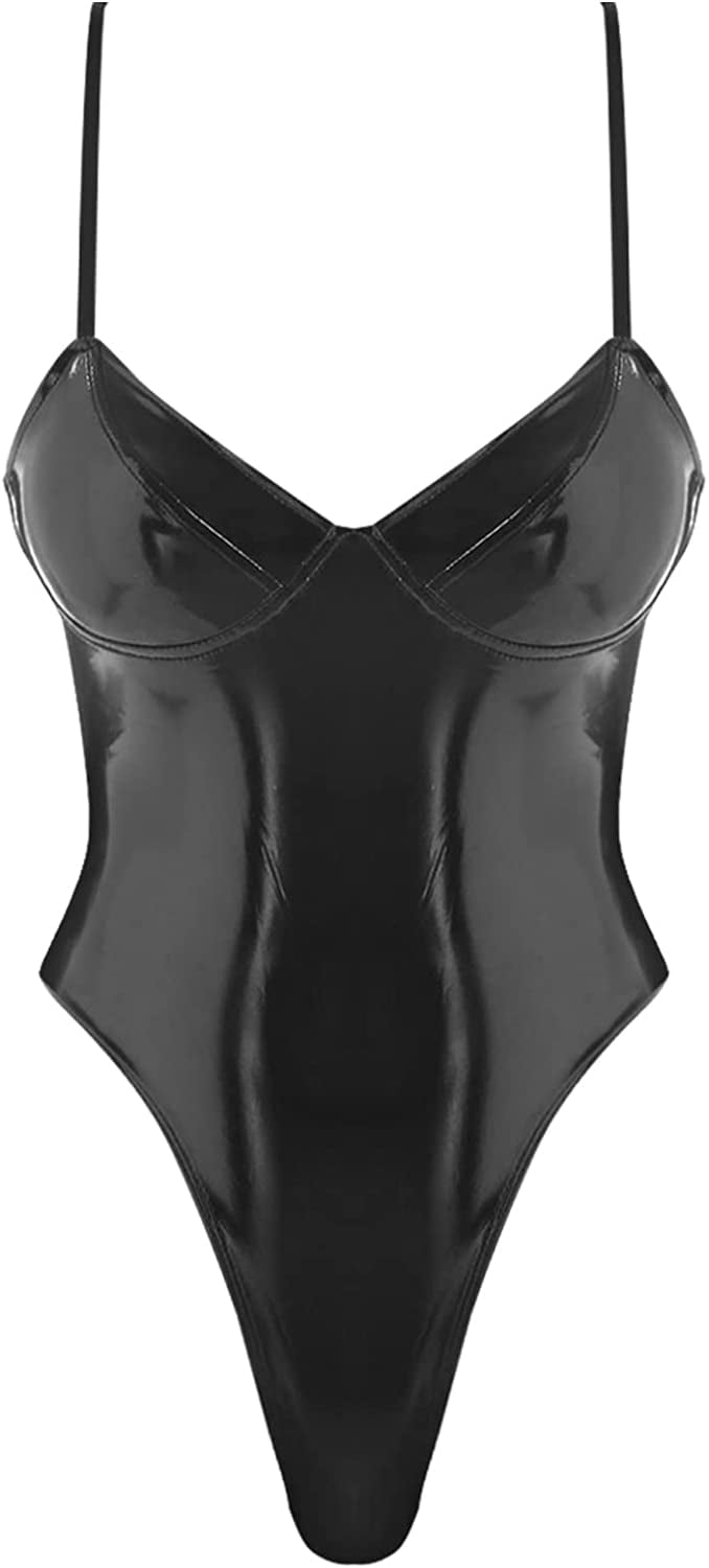 Winying Womens One Piece Shiny Metallic Leotard Pvc Leather Halter Neck