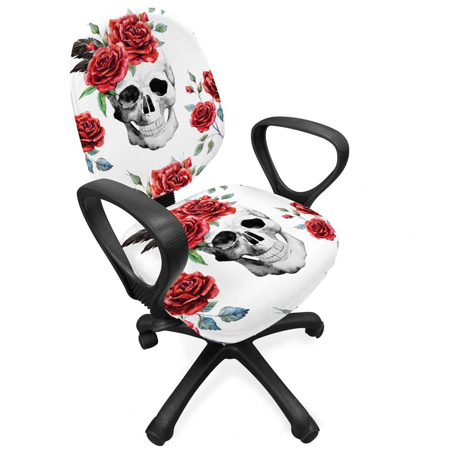 Rose Office Chair Slipcover, Watercolor Art Style Skull with Red Roses ...