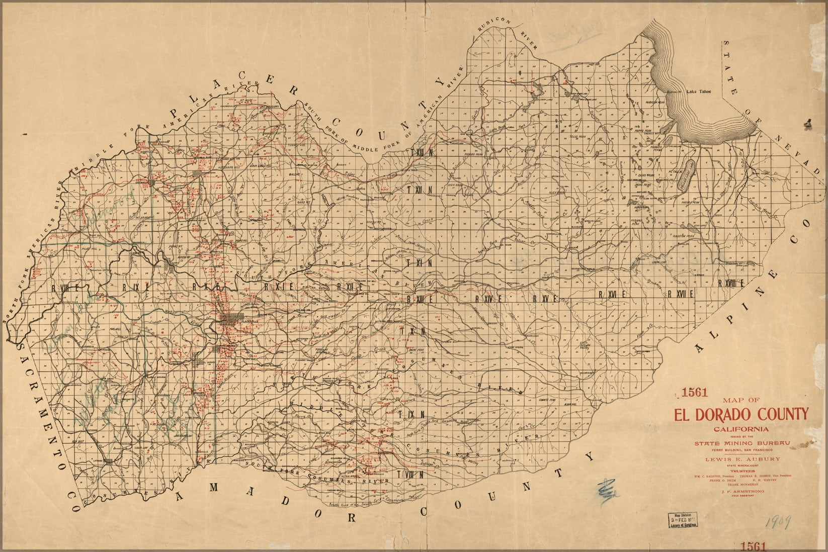 24"x36" Gallery Poster, Map of El Dorado County, California 1909 ...