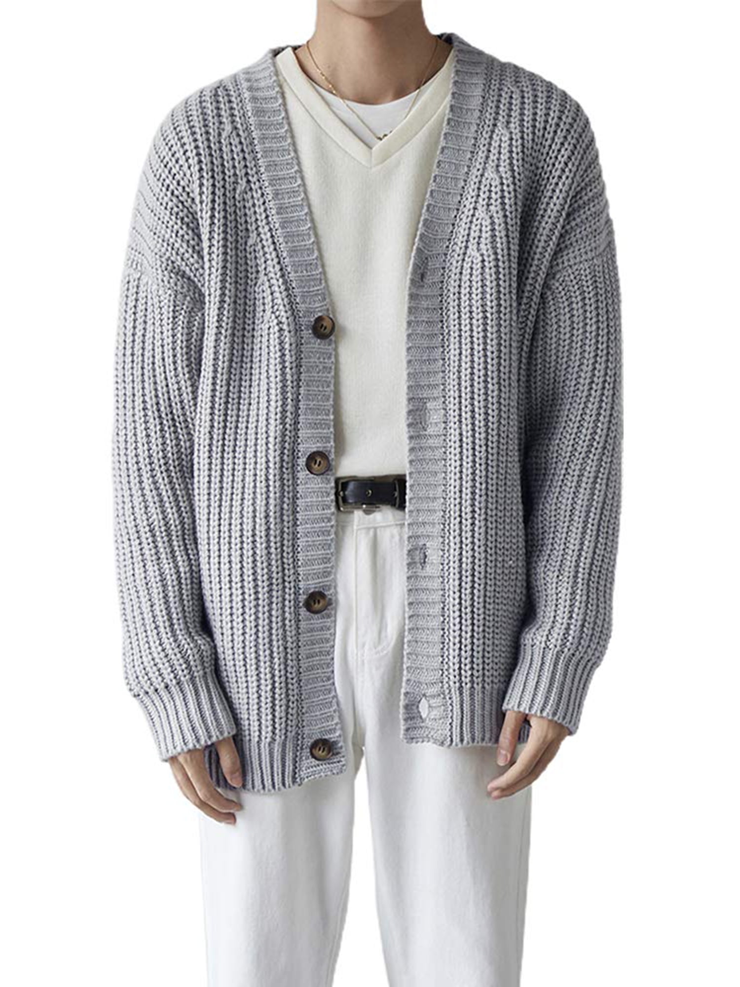 Veatzaer Mens Cable Knit Button Cardigan Long Sleeve Cotton V Neck