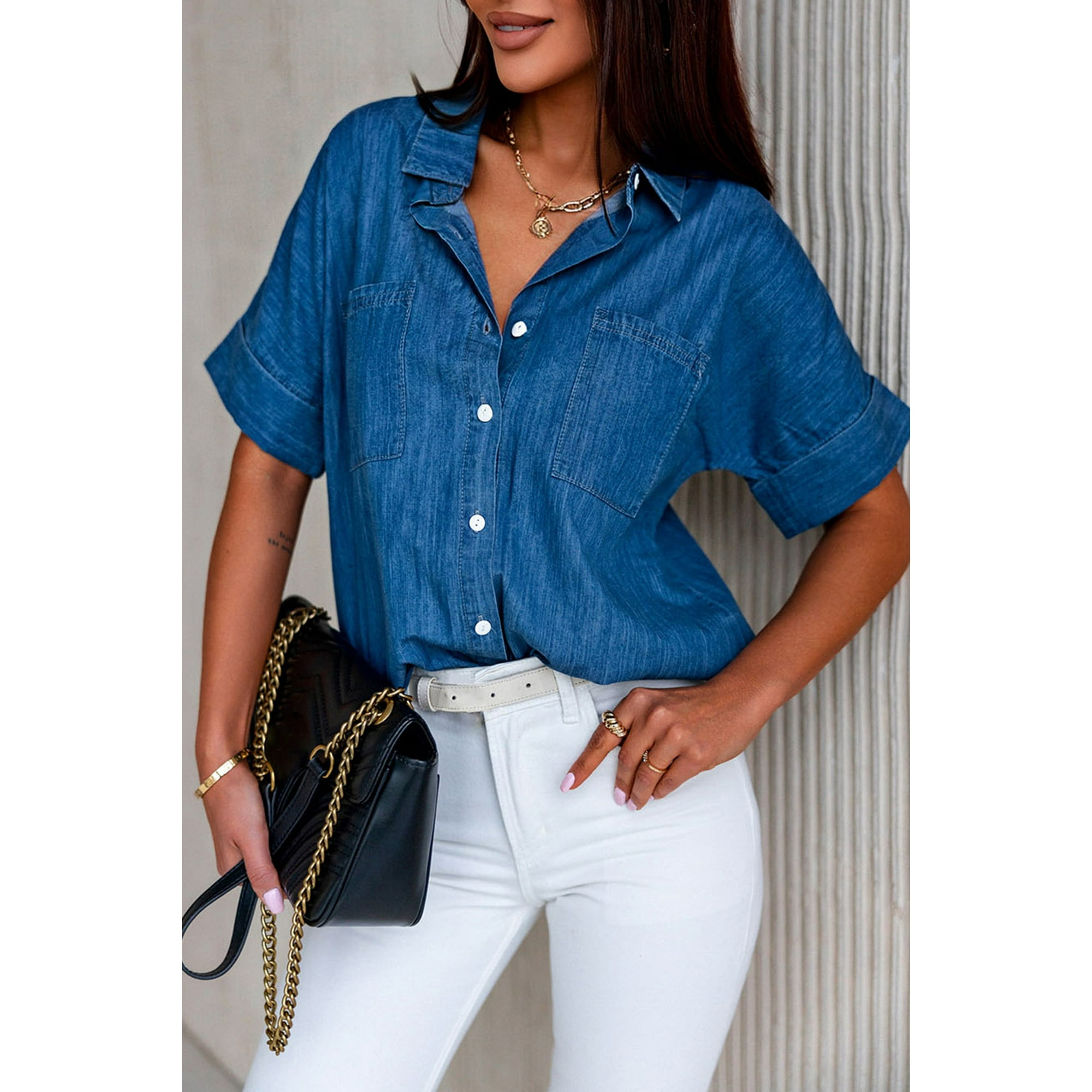 Click here for Chicfine Womens Blue Turn-Down Collar Short Sleeve... prices