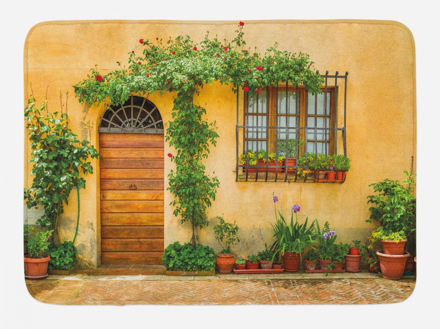 Italy Bath Mat, Porch with Different Flowers Pots Fresh Green Plants ...