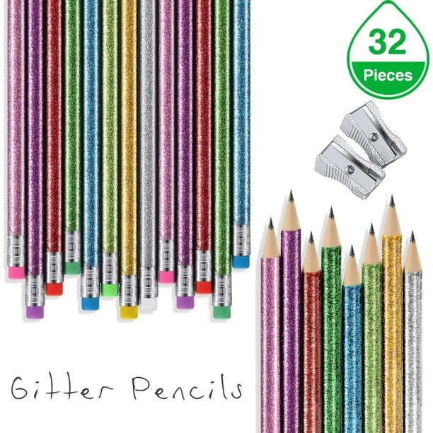 32 Pieces Glitter Colored Pencils Wood Bright Pencils Colorful Round ...