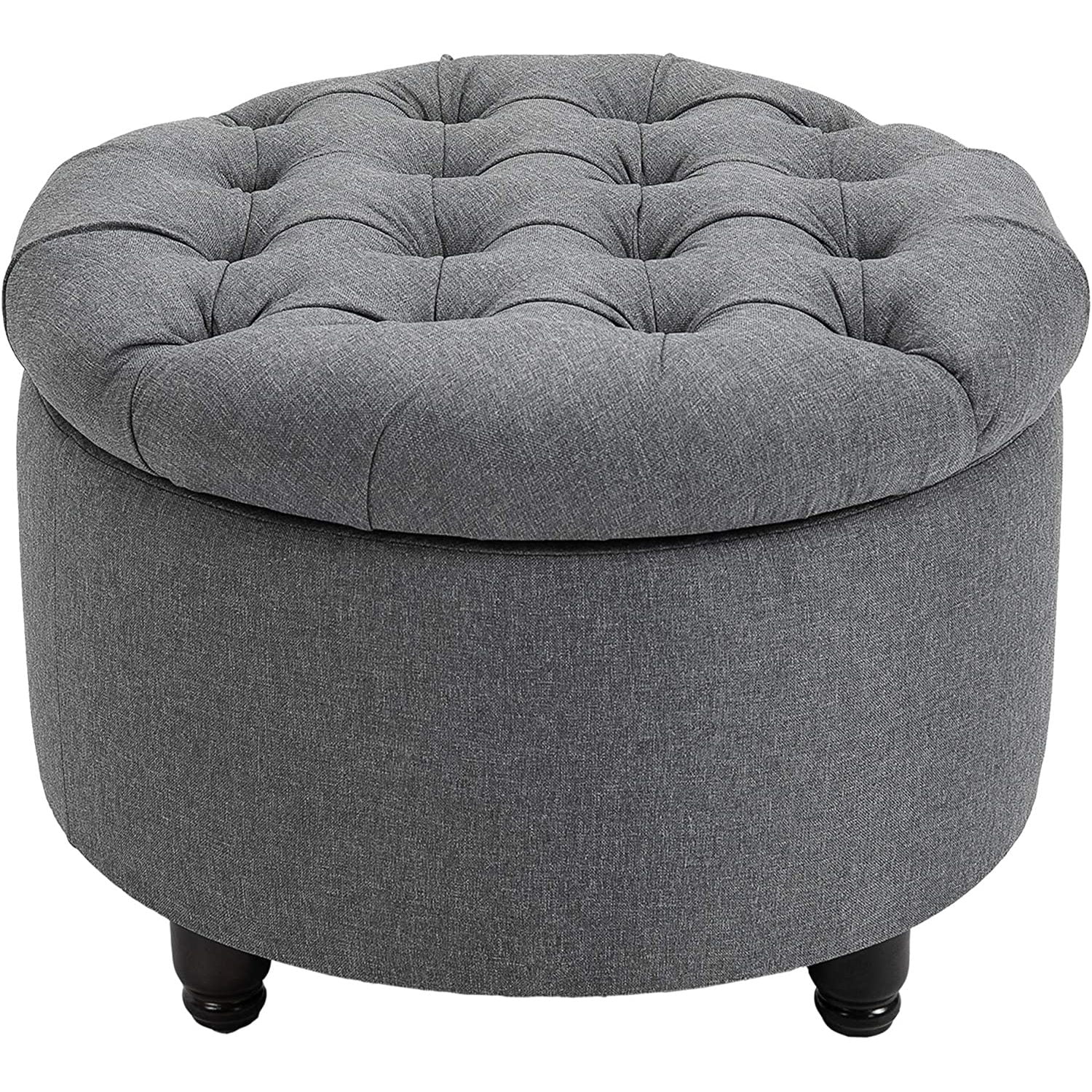 Bilot Round Linen-Touch Fabric Storage Stool Ottoman Button Tufted ...