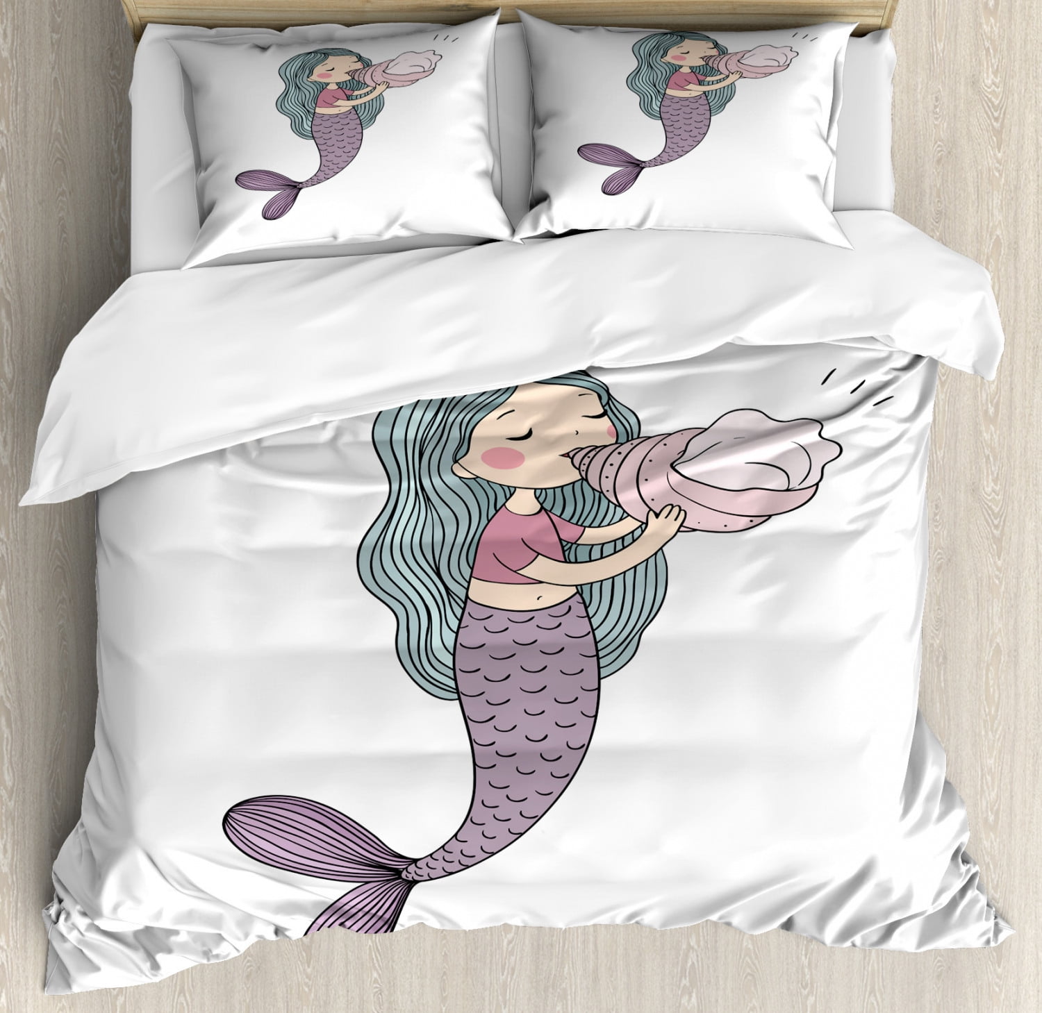 Mermaid Queen Size Duvet Cover Set, Fairytale Character with a Seashell ...
