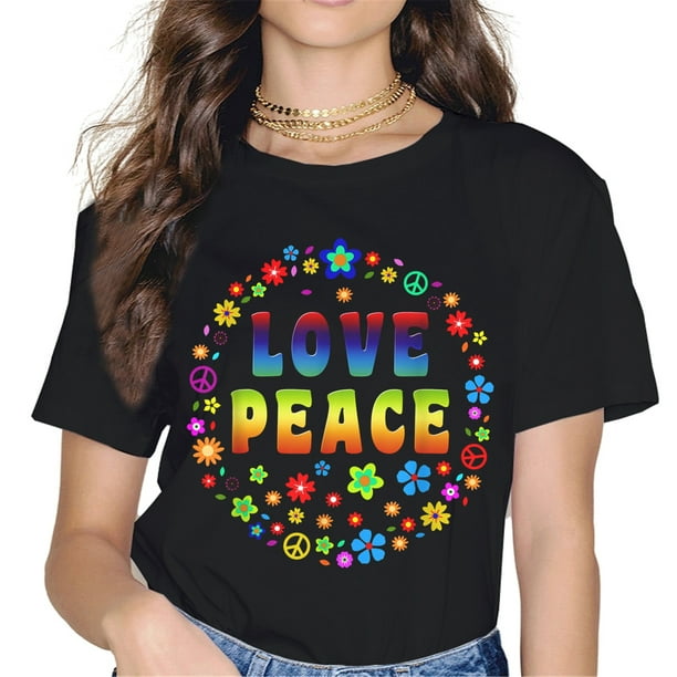 Peace Sign Love T Shirt 70s Hippie Costume Women Tops T-Shirt Graphics Shirt Casual Short Sleeve ...