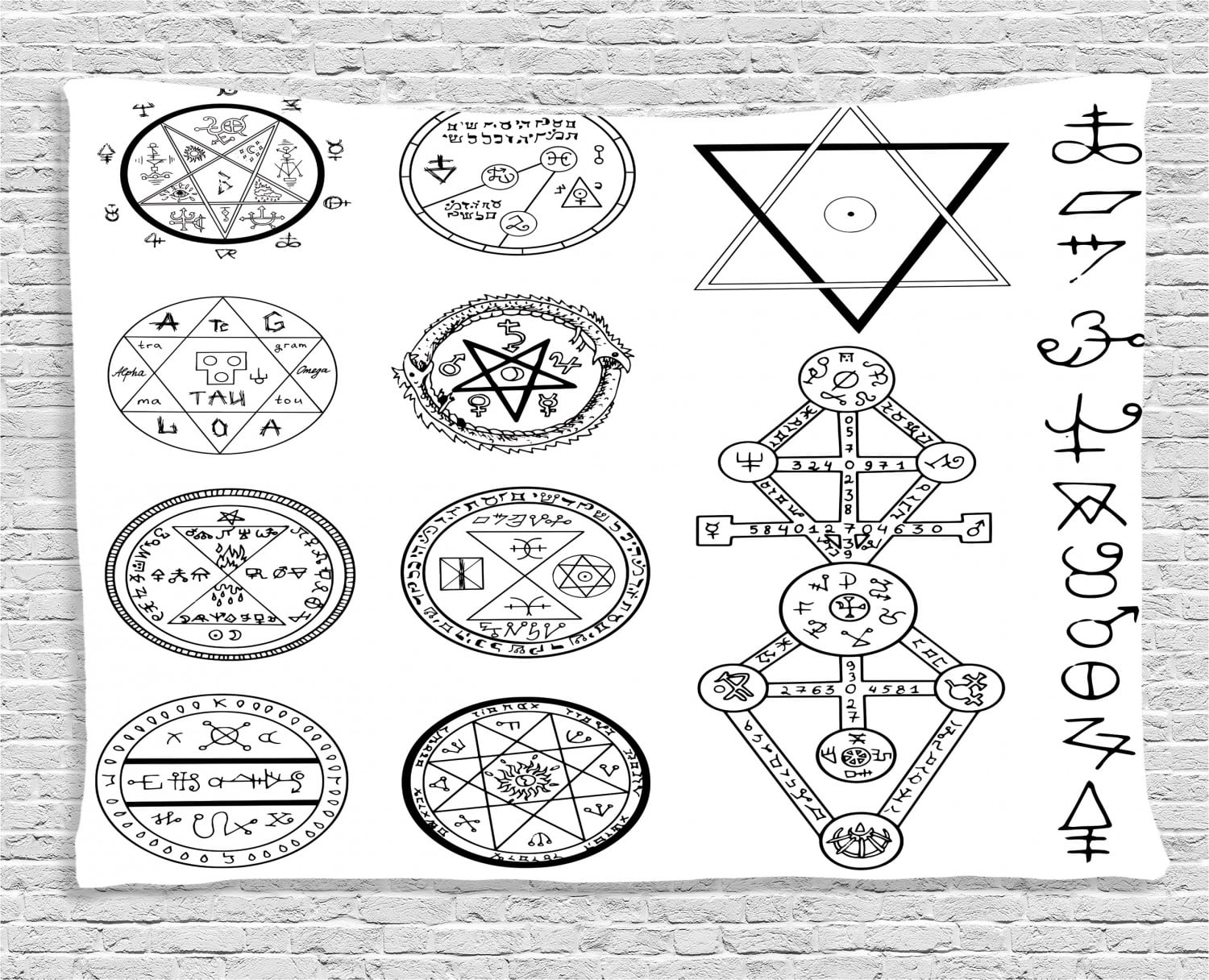 Occult Decor Tapestry, Spiritual Set with Circular Pentagram Icons ...