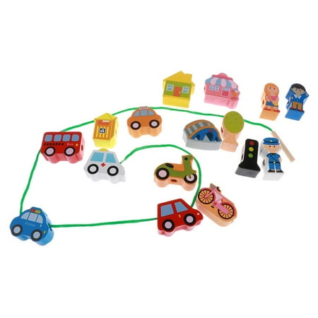 Lacing Vehicles Toy Wooden Blocks Set, String & Lacing Beads Games for ...