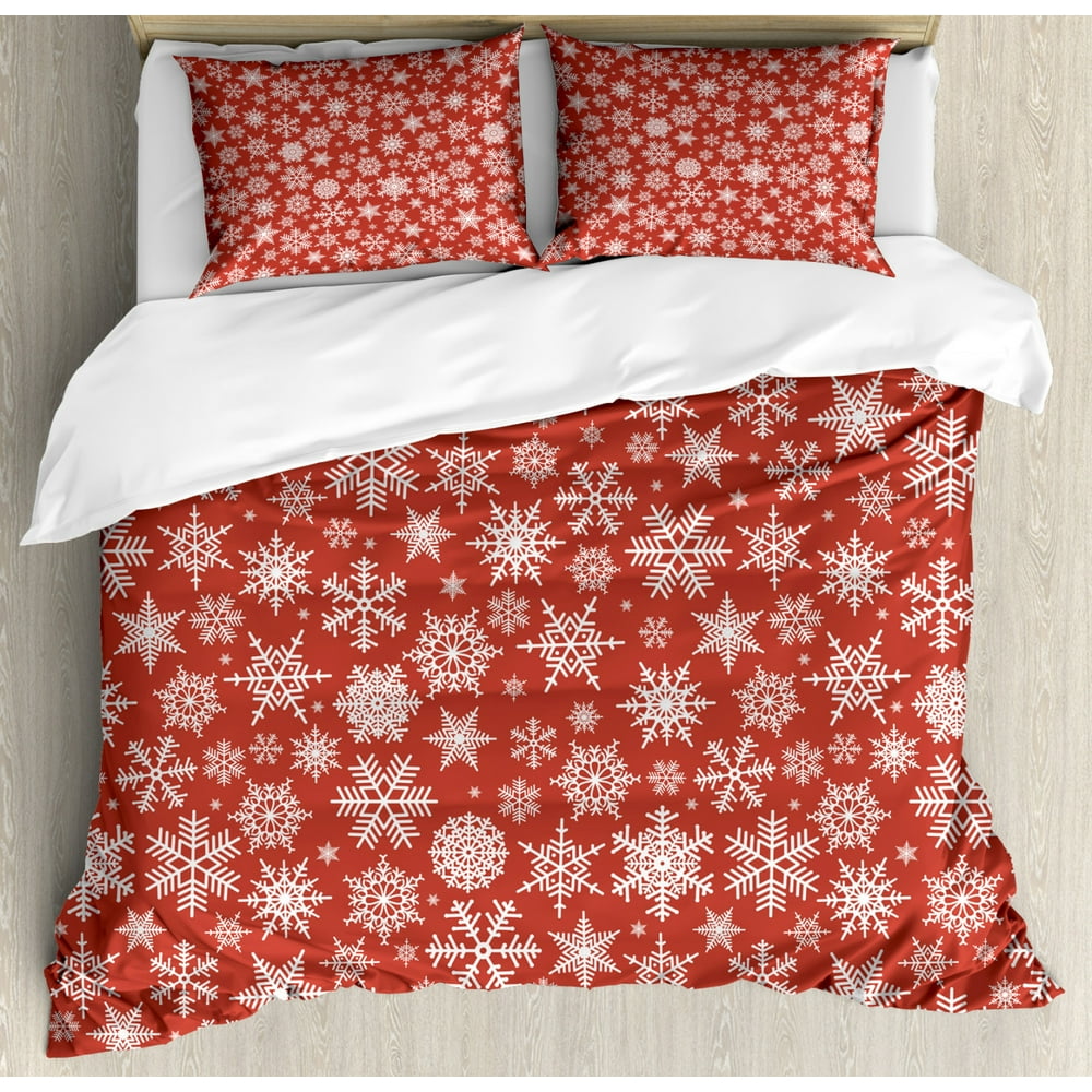 Red King Size Duvet Cover Set, Various Different Snowflakes with Rich Details Festive Christmas ...