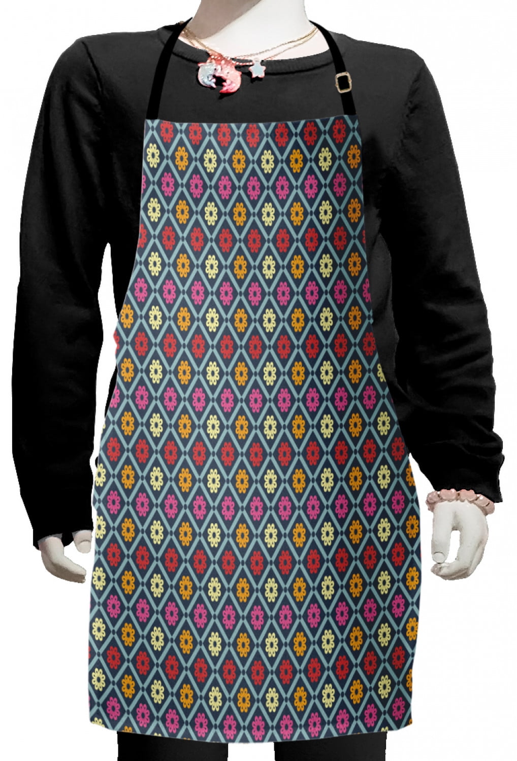 Colorful Kids Apron, Diagonal Checkered Pattern with Daisy Blossoms ...
