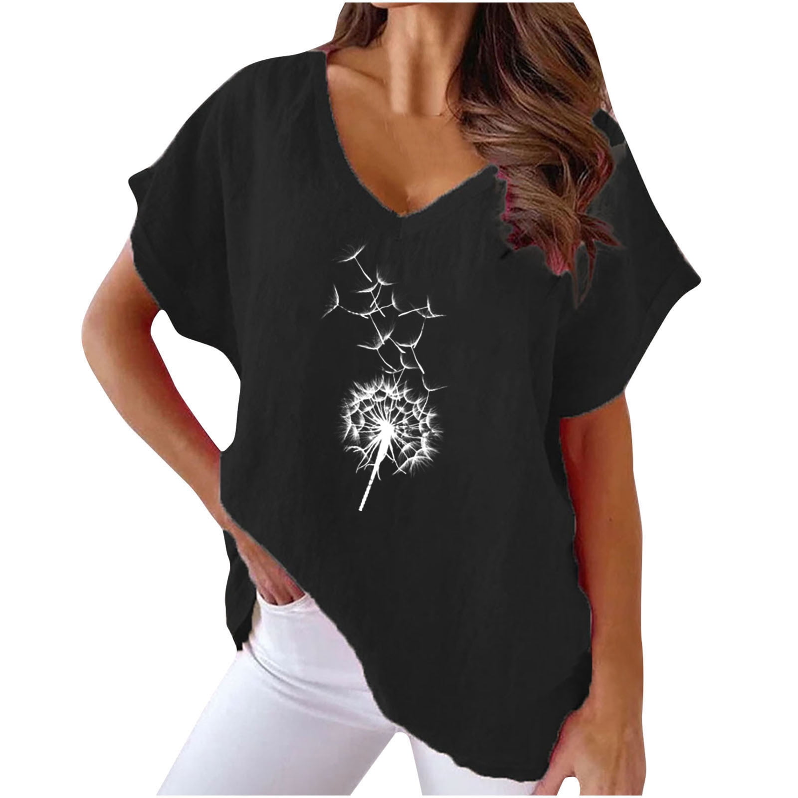 Camiseta de Manga Corta con Cuello en V con Impresión de Girasol ...