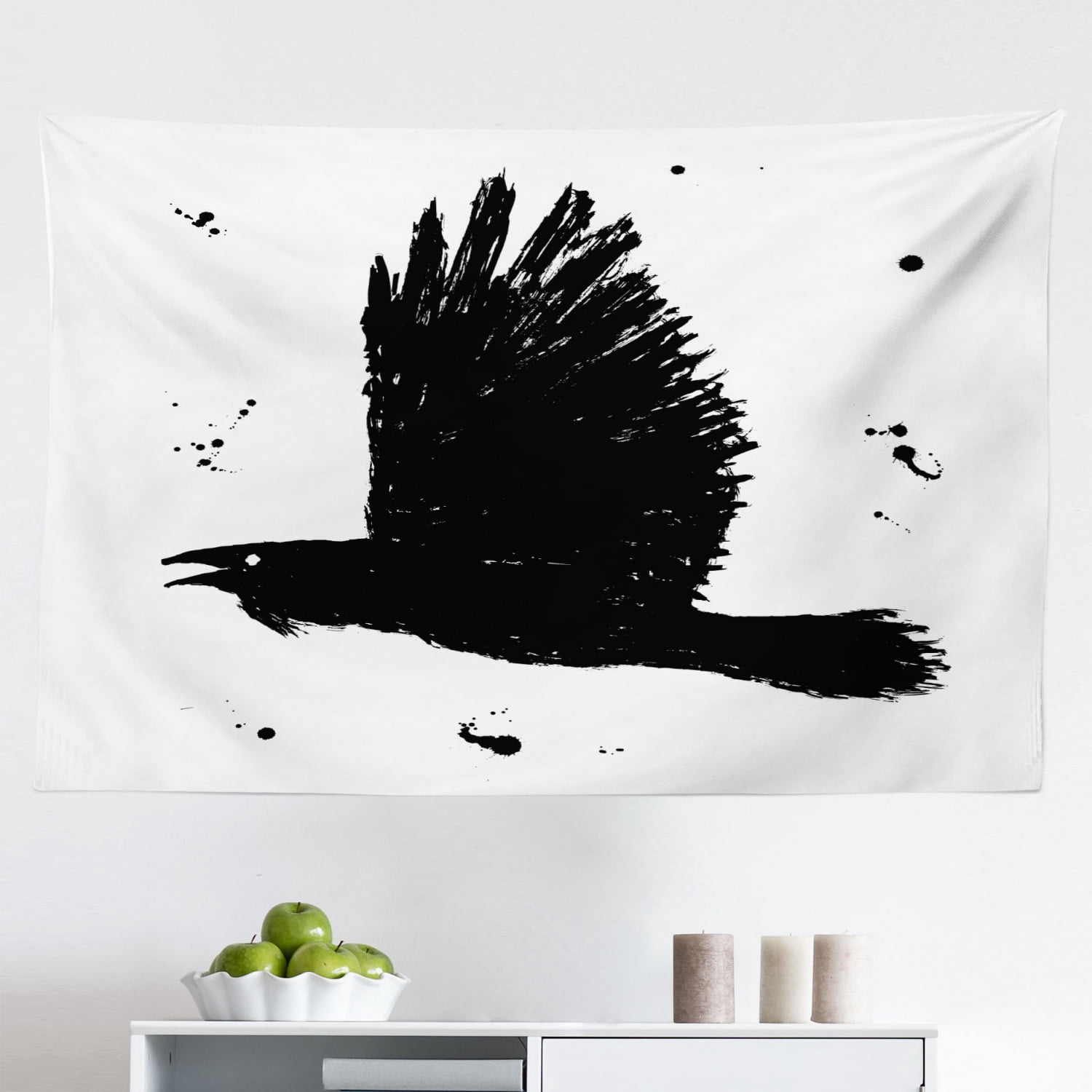 Black Crow Tapestry, Silhouette Style Birds and Outline Drawn Feather ...