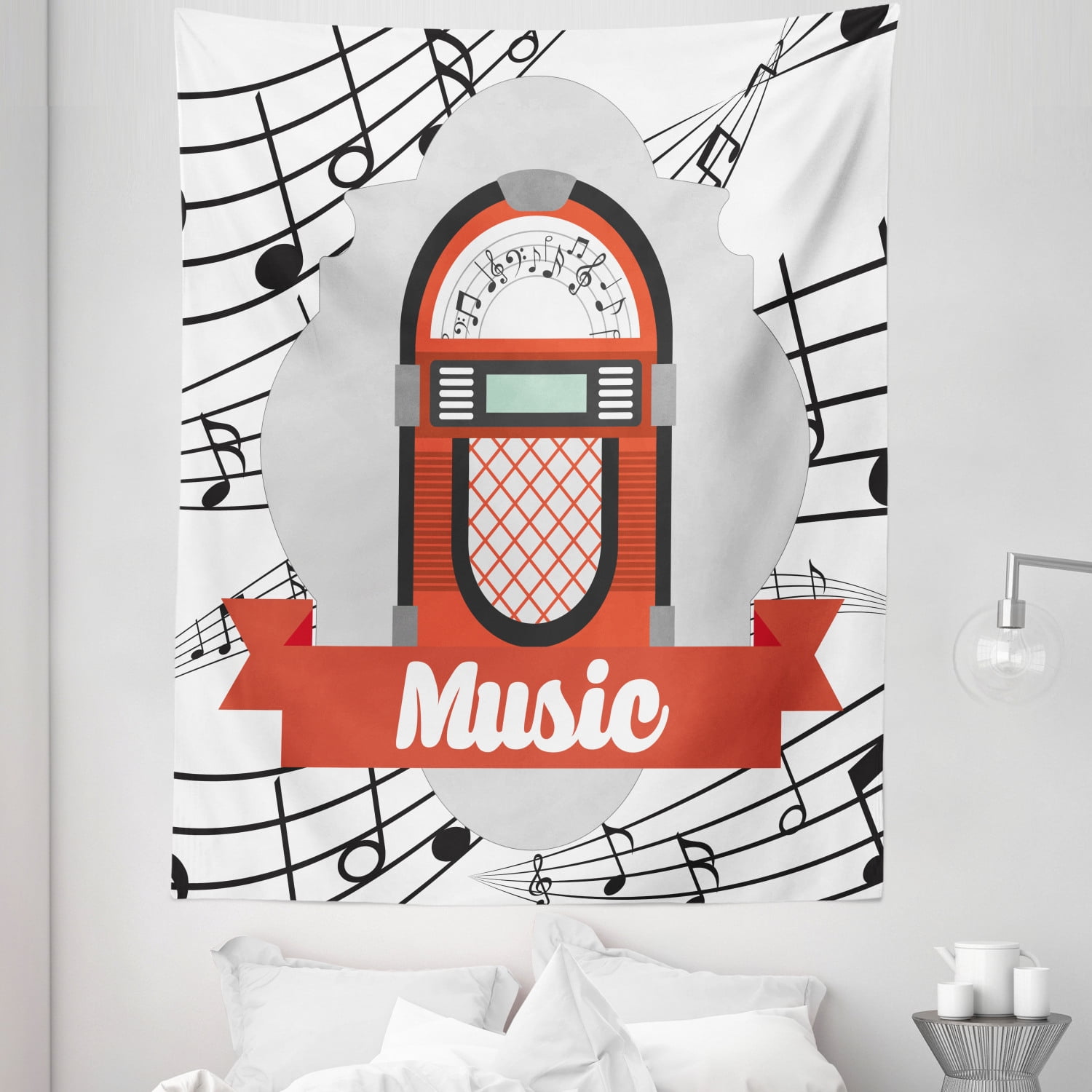 Black White Tapestry, Old Vintage Music Radio Box Cartoon Image Notes ...