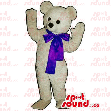 Customised White Teddy Bear SPOTSOUND Mascot With Blue Ribbon - Bear ...