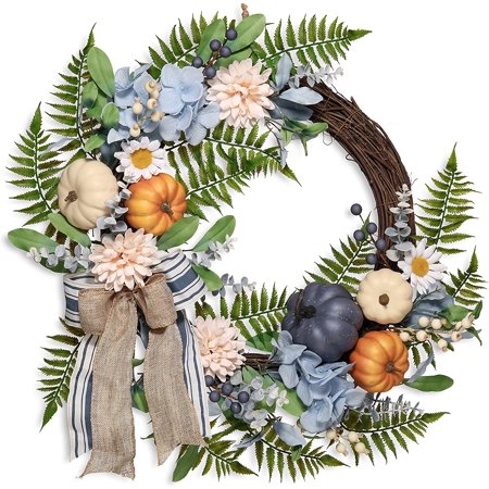 24 inch Fall Wreath for Front Door, Harvest Wreath with Blue Hydrangea ...