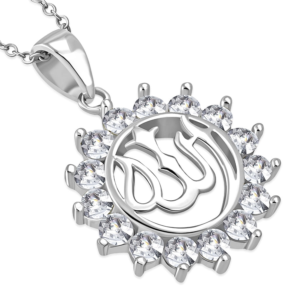 925 Sterling Silver White Clear CZ Muslim Arabic Allah Pendant Necklace ...