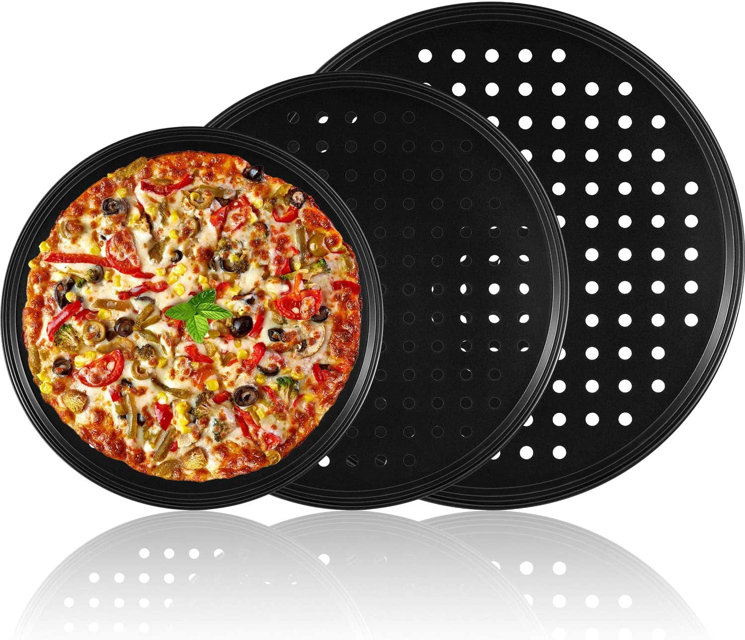 3 Pieces Pizza Crisper Pan Carbon Steel Pizza Pan Non-Stick Round Pizza ...