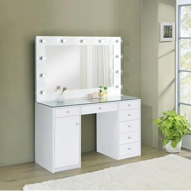 Maklaine Modern 7-Drawer Wood & Glass Makeup Vanity Desk with LED ...