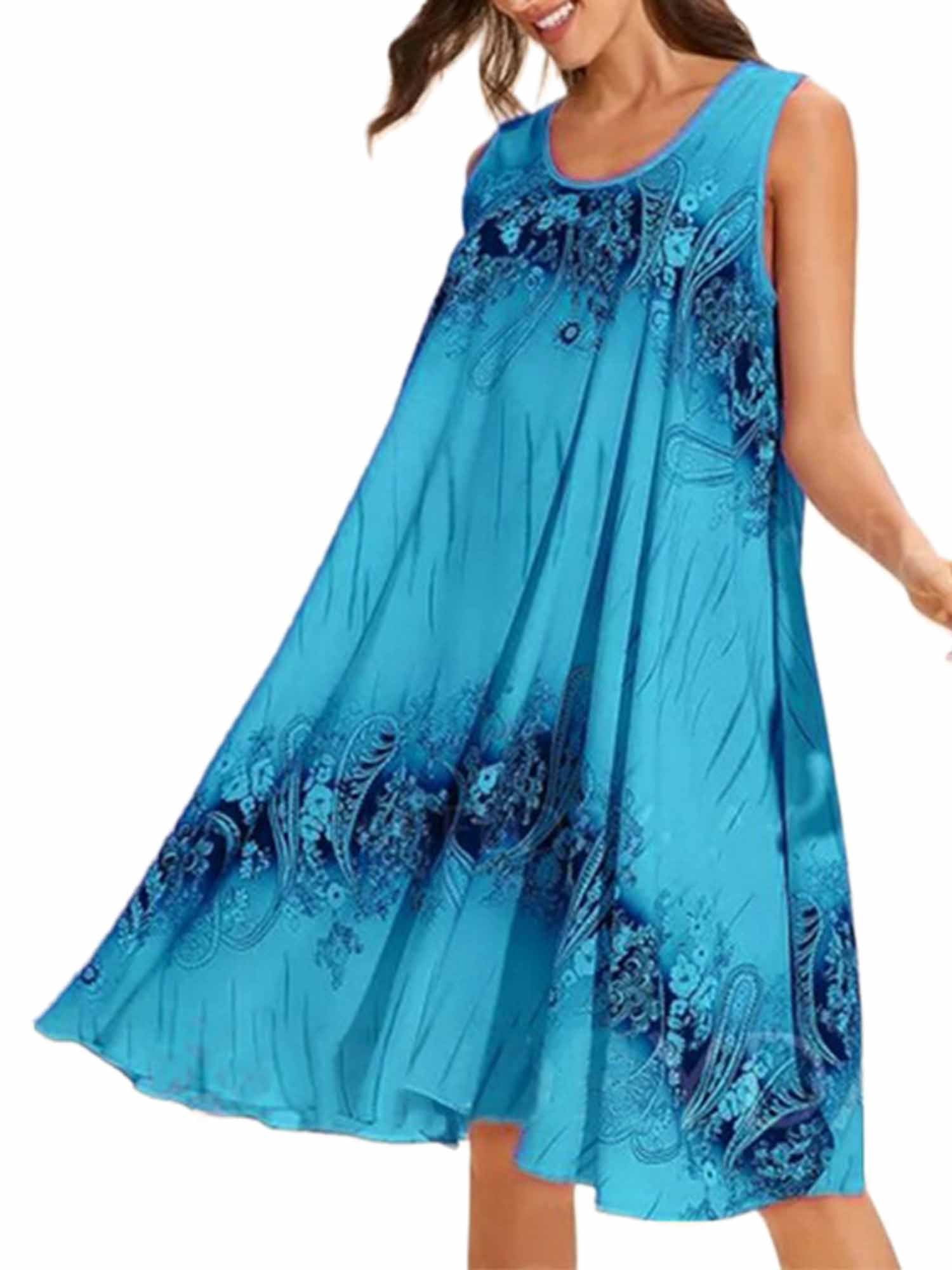 Plus Size Womens Summer Sleeveless Floral Midi Dress Beach Loose