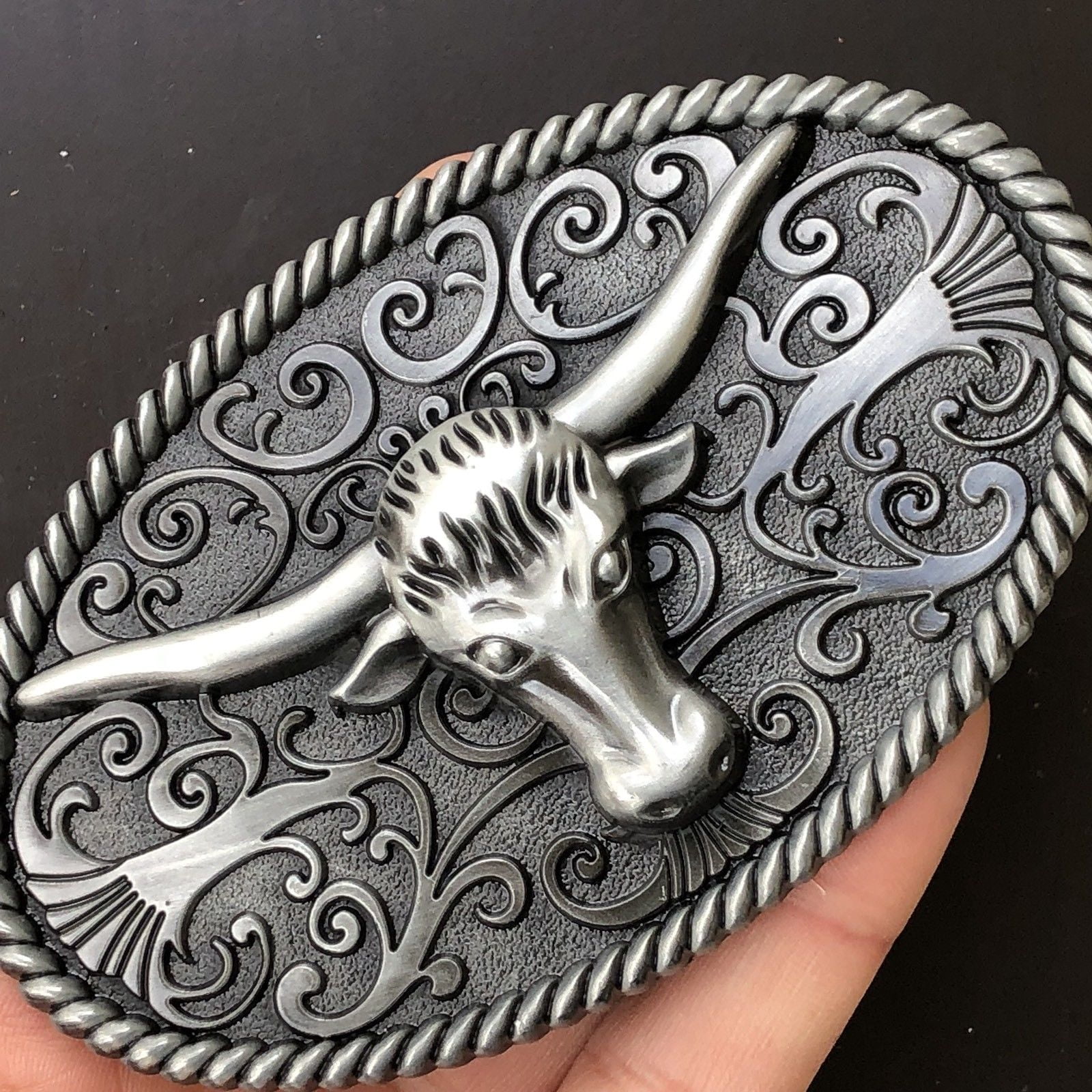 3D Bull Belt Buckle Western Cowboy Grey Rodeo Dark Grey Vintage All ...