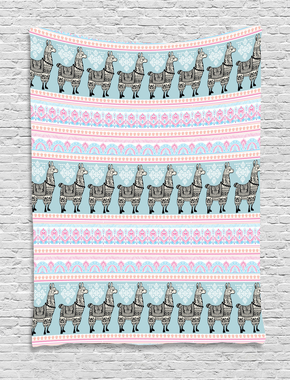 Llama Tapestry, Horizontal Borders with Patterned Alpaca Animal and ...