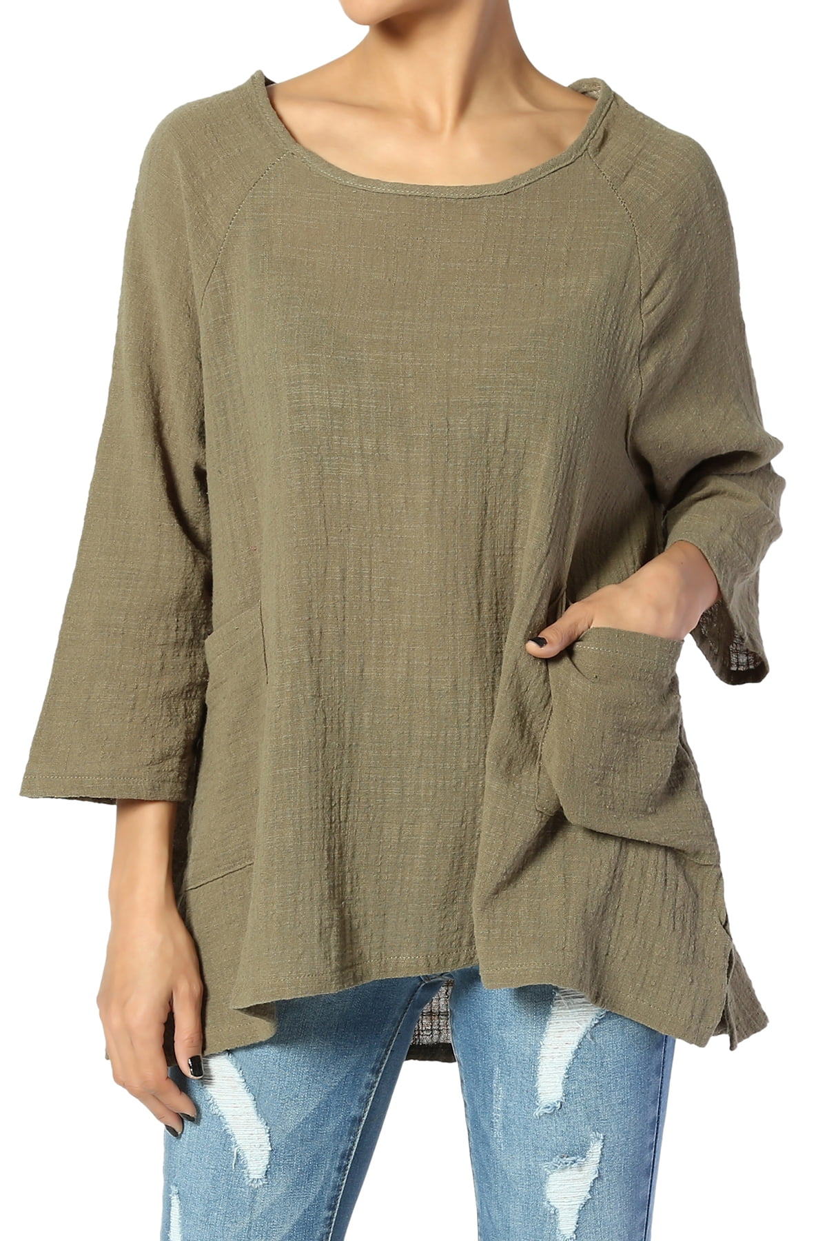 Themogan Womens S~3x 34 Sleeve Dual Pocket Crinkled Gauze Cotton Loose Fit Top