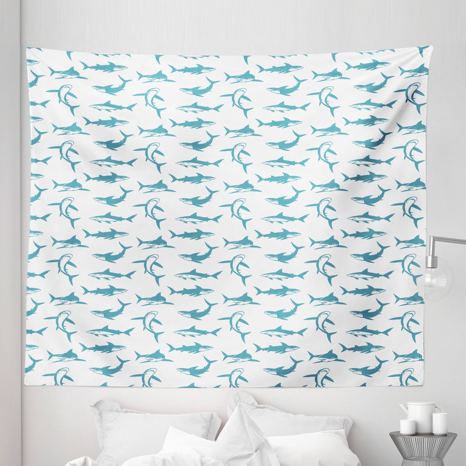 Shark Tapestry, Scary Predators of the Seas Blue Fishes with Fins and ...