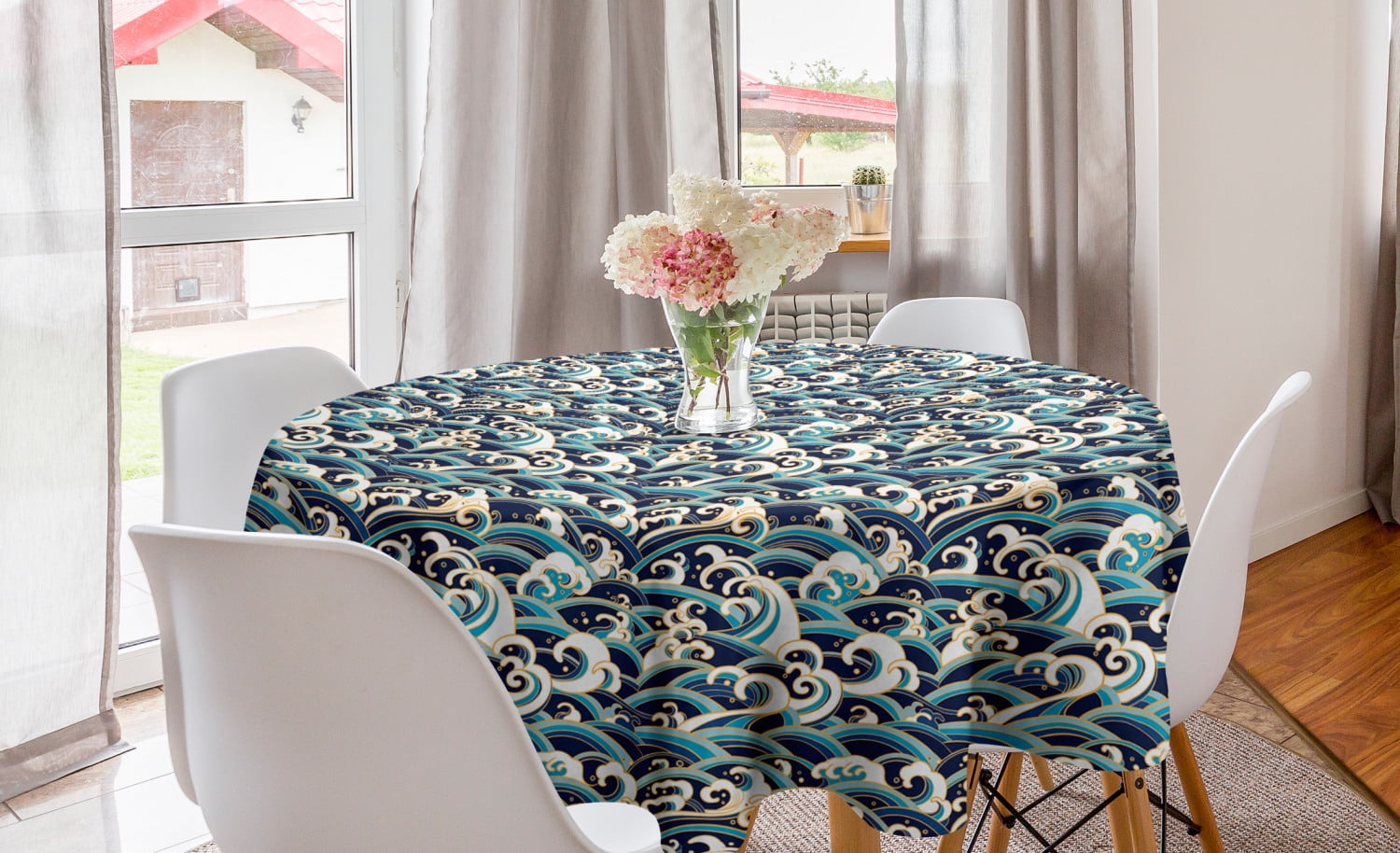 Nautical Round Tablecloth, Traditional Oriental Style Ocean Waves ...