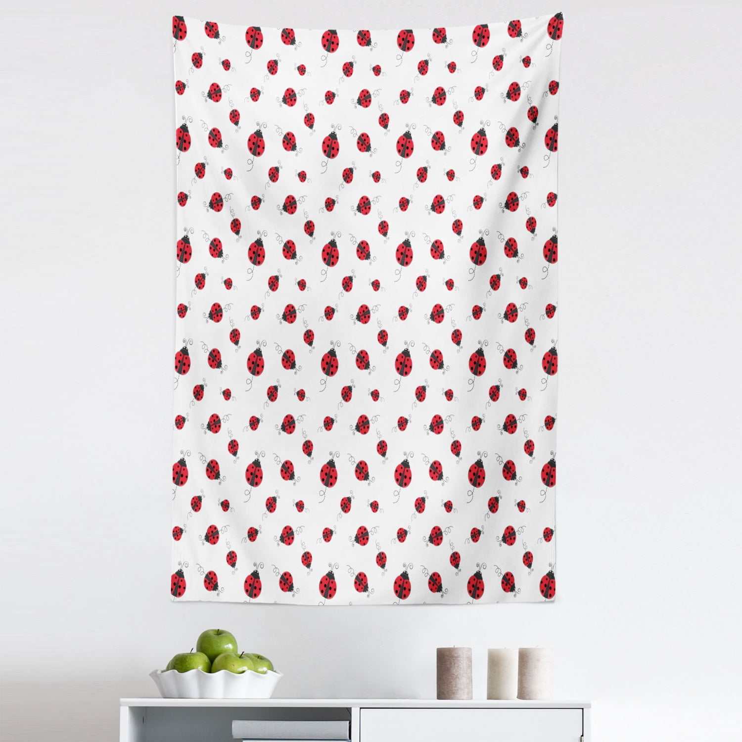Ladybugs Tapestry, Ladybug Dotted Wings Swirls and Curves Pattern ...