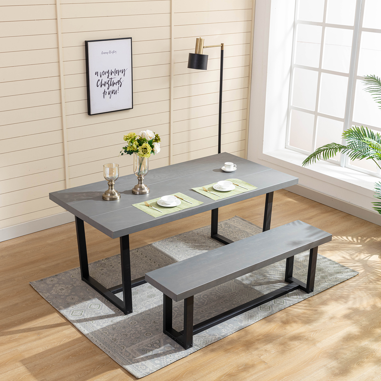 Yaoping 72" Rustic Farmhouse Solid Wood Dining Table with Metal Frame ...