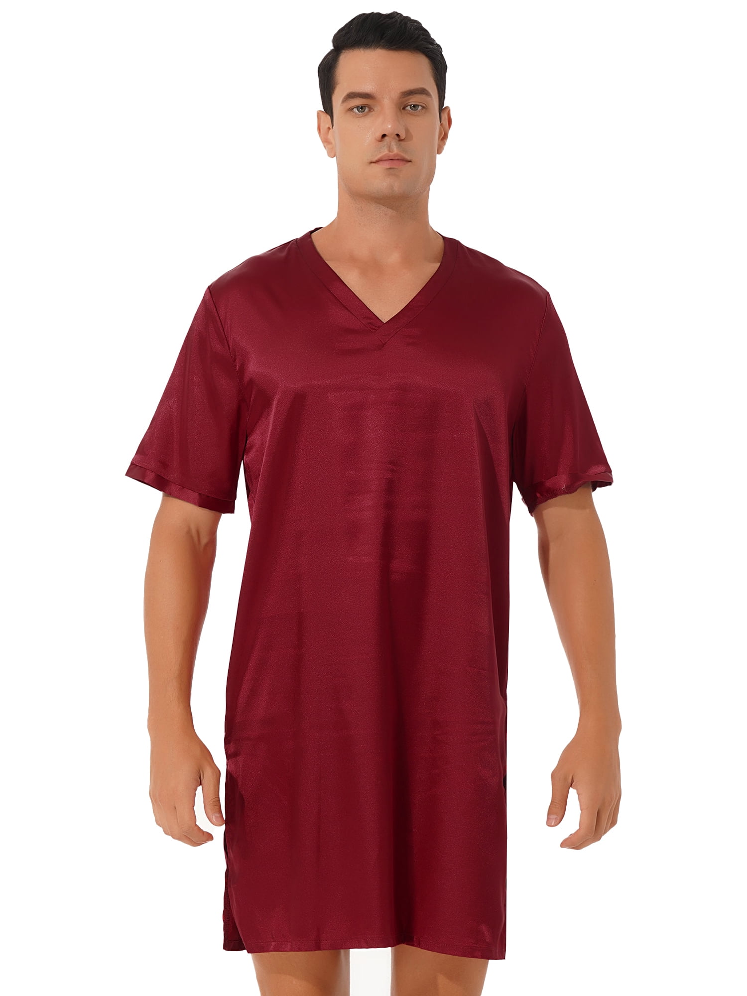 iiniim Men's Nightshirt Satin Nightwear Comfy V Neck Short Sleeve Soft ...