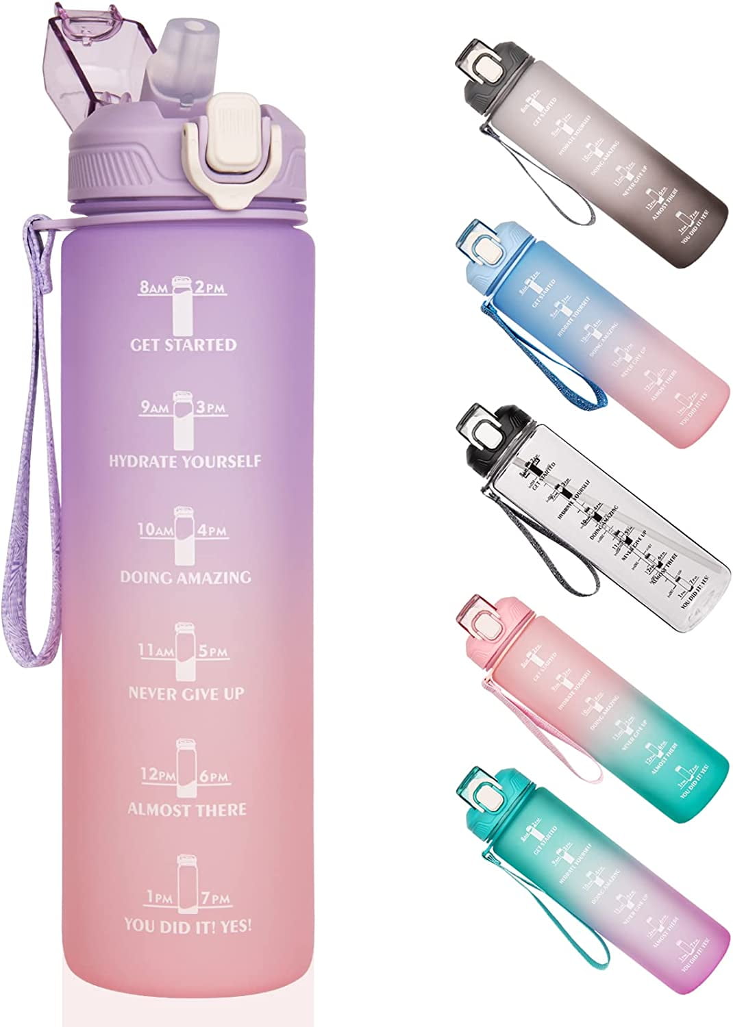 Botella de agua deportiva de 1 litro con pajita, botella de agua de 1 litro con marcador de ...