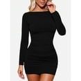 Black Solid Round Neck Long Sleeve Ruched Bodycon Mini Dress For Women ...