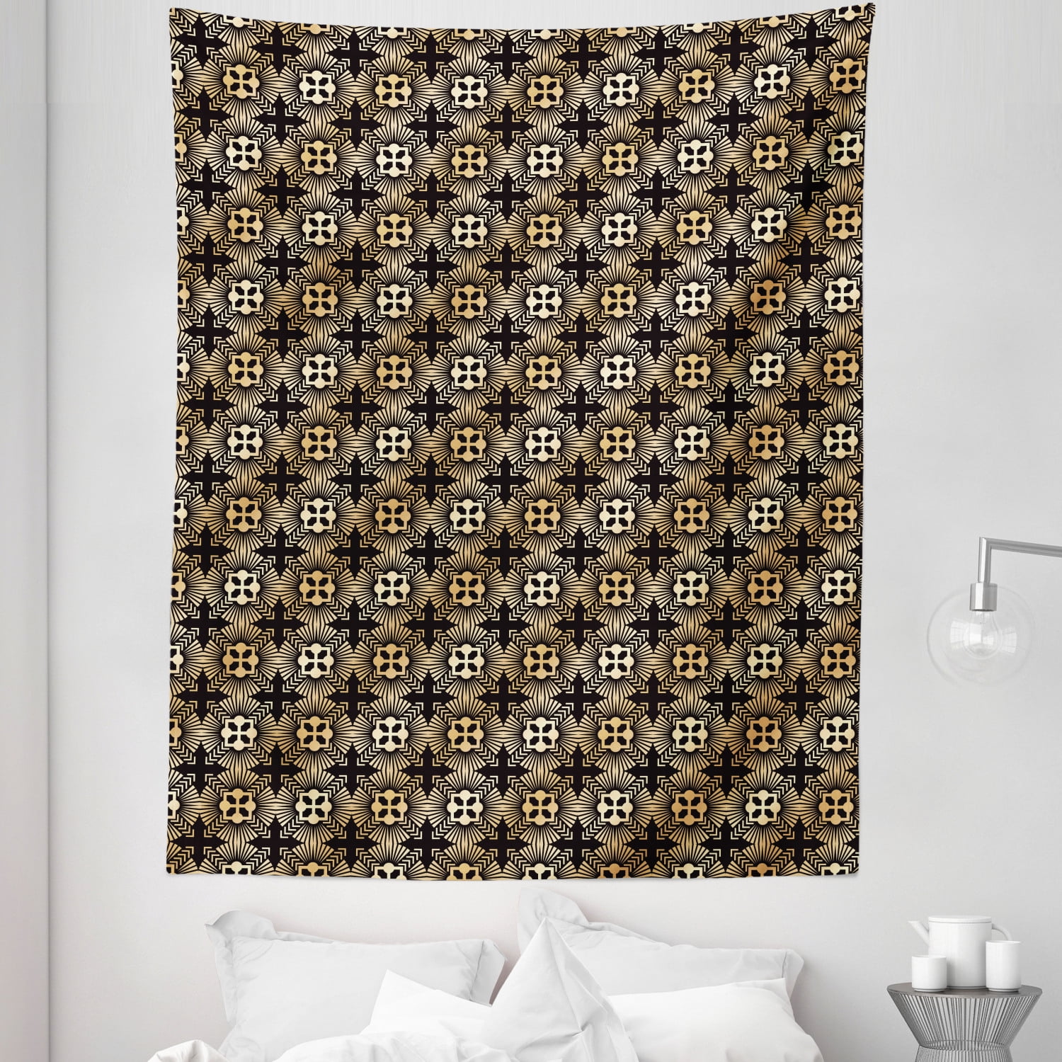 Art Deco Tapestry, Palmette Circular Design with Square Details Dots ...