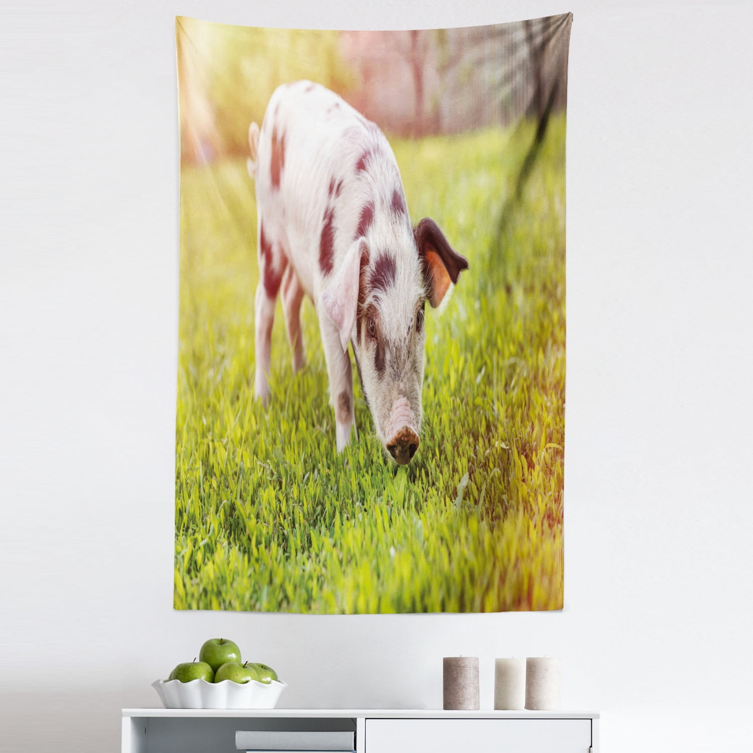 Farm Animal Tapestry, Photo of Little Pig with Spots Walking on Grass ...