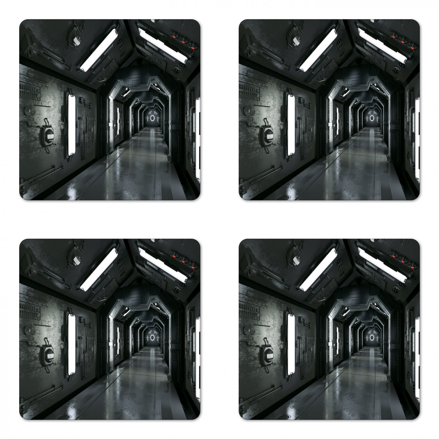 Outer Space Coaster Set of 4, Dark Futuristic Corridor of Spaceship ...