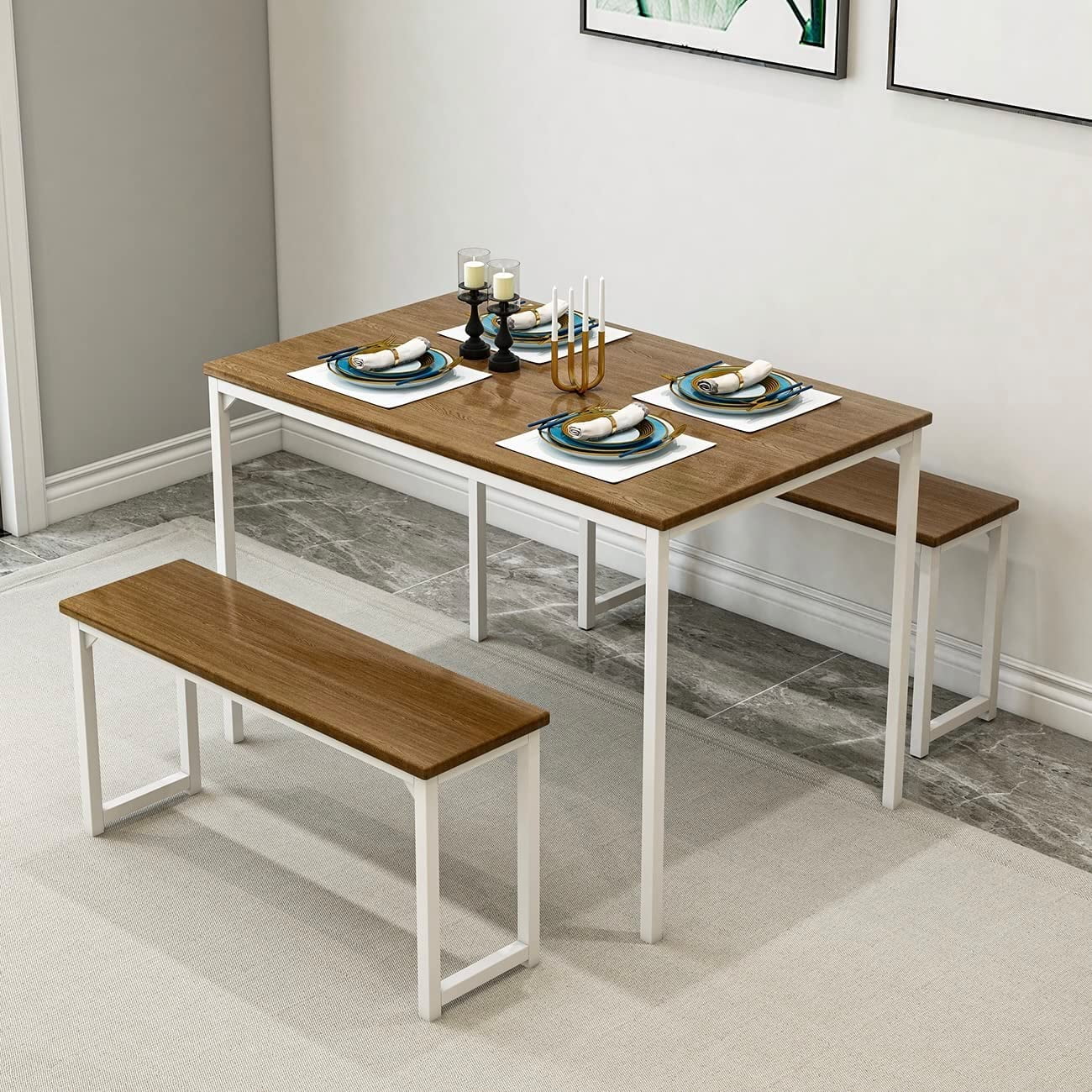 Bonzy Home Compact Dining Table Set 3-Piece for 4 with 2 Benches, Small ...