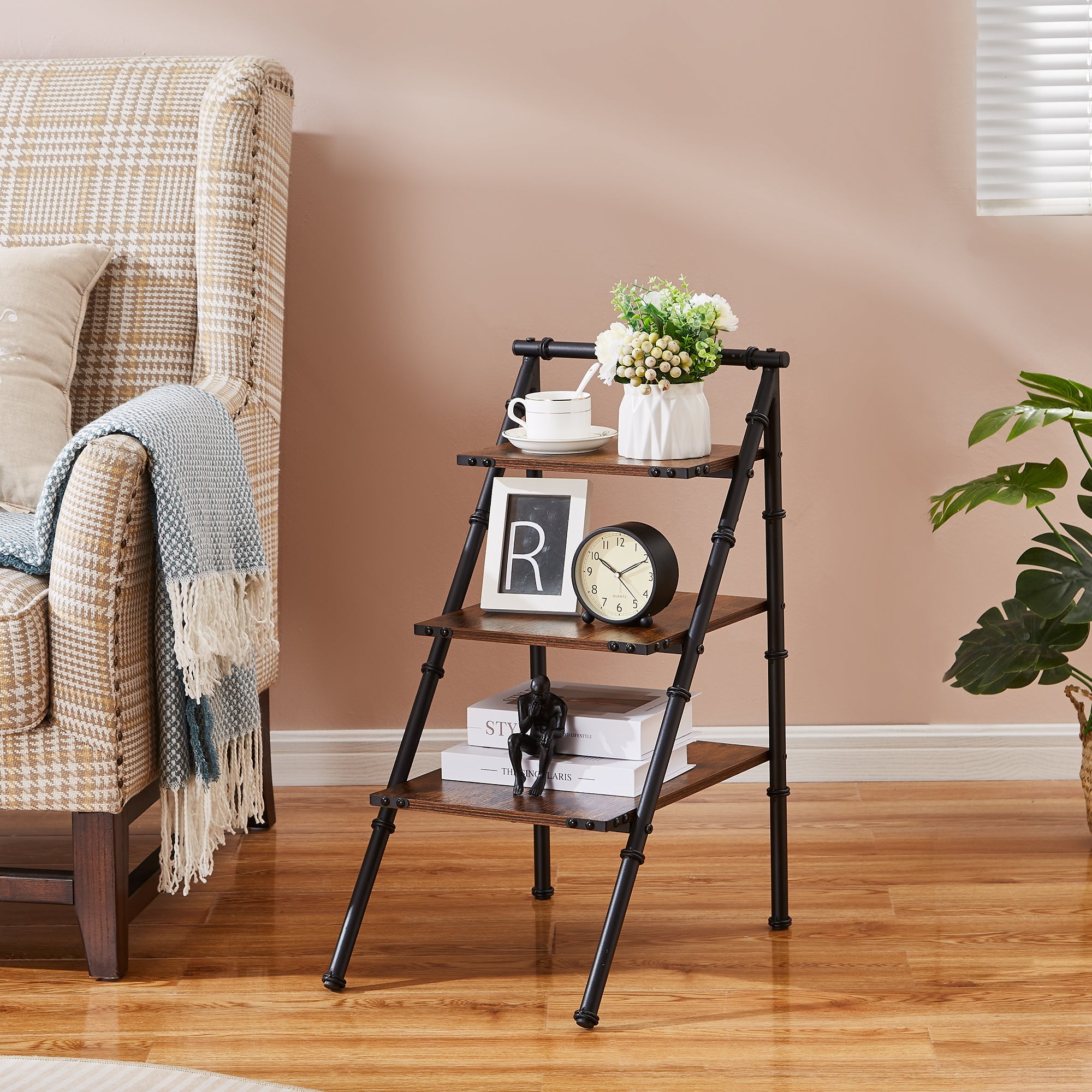 VECELO 3-Tier Ladder Shelf, Industrial Leaning Open Wood Shelving Unit ...